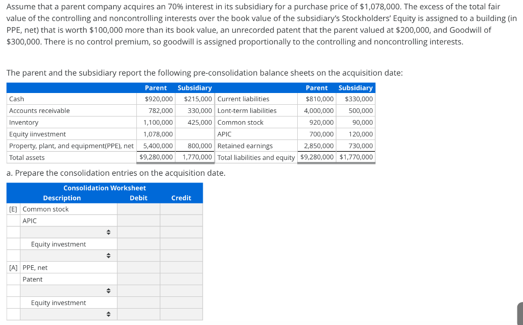 Solved Assume that a parent company acquires an 70% interest | Chegg.com