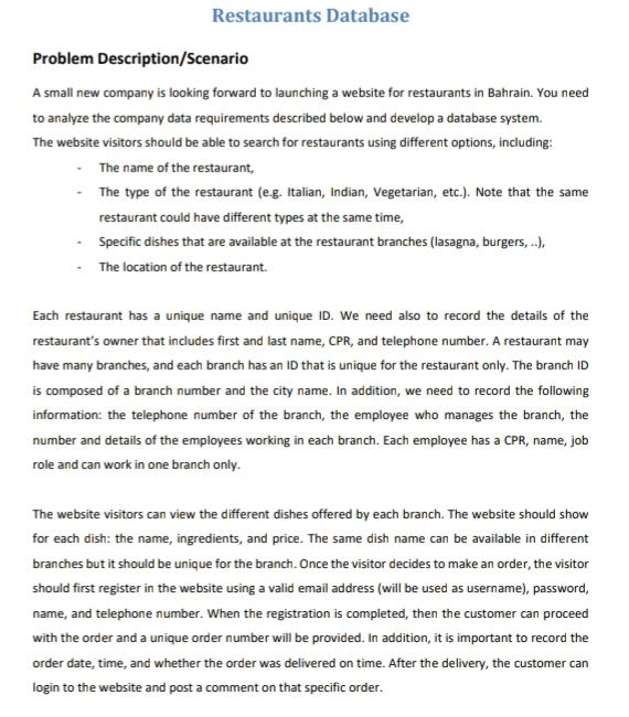 Solved Restaurants Database Problem Description/Scenario A | Chegg.com