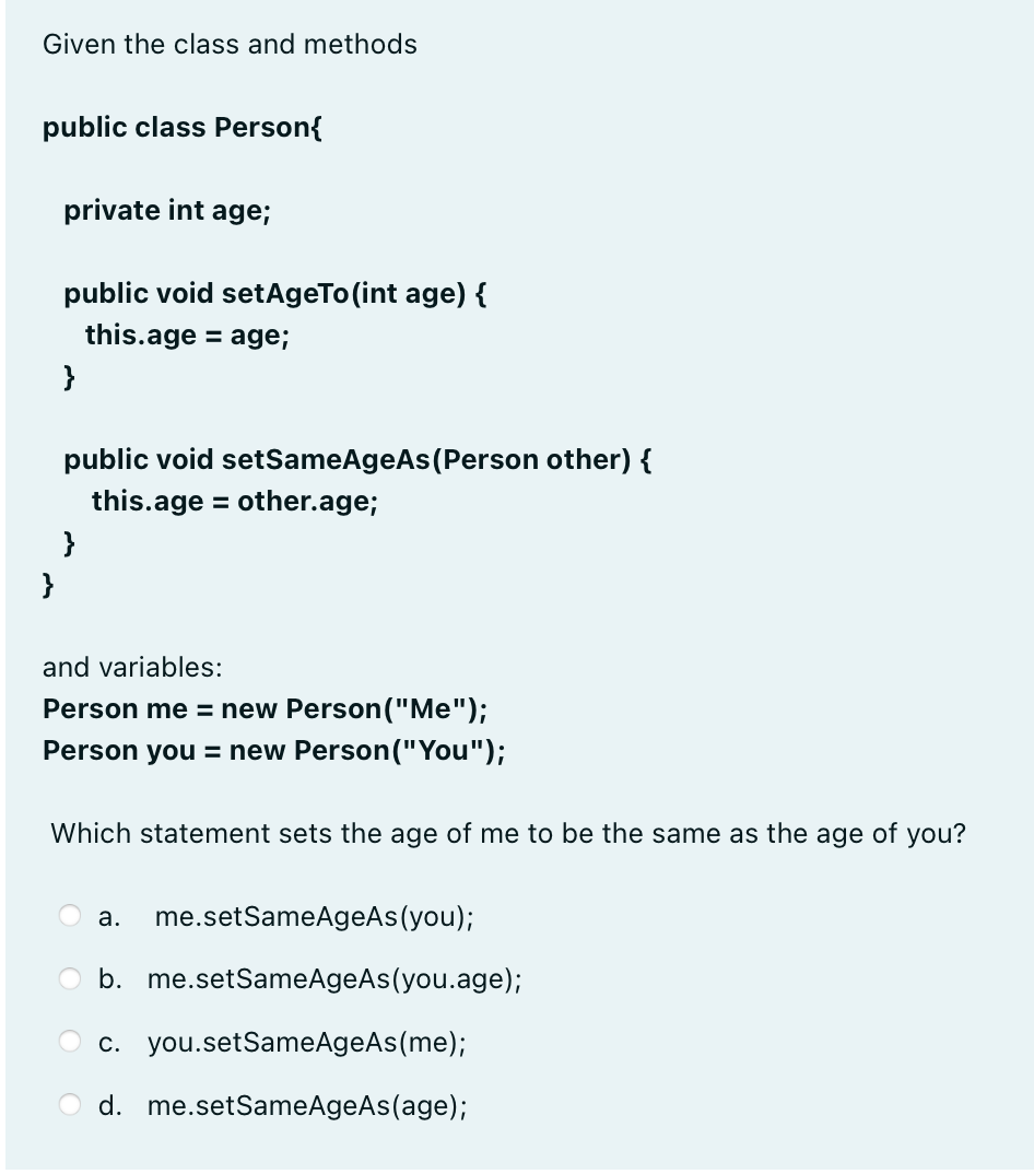 Solved Given the class and methods public class Person{ | Chegg.com