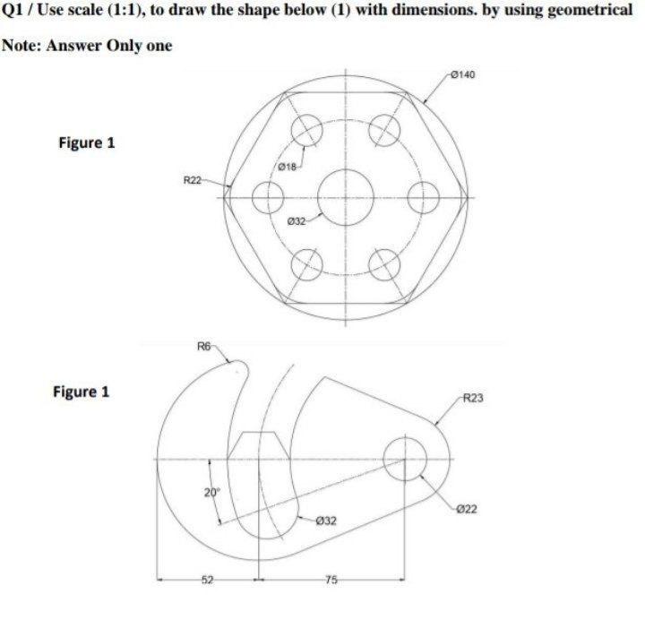 Solved Q1 /Use scale (1:1), to draw the shape below (1) with | Chegg.com
