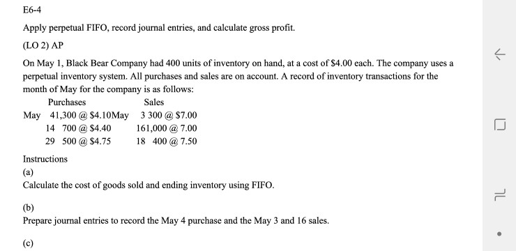 Solved E6-4 Apply perpetual FIFO, record journal entries, | Chegg.com