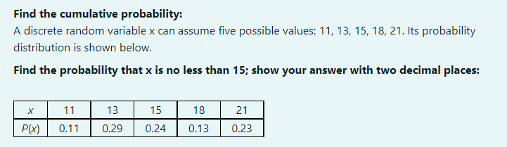 Solved Find the cumulative probability: A discrete random | Chegg.com