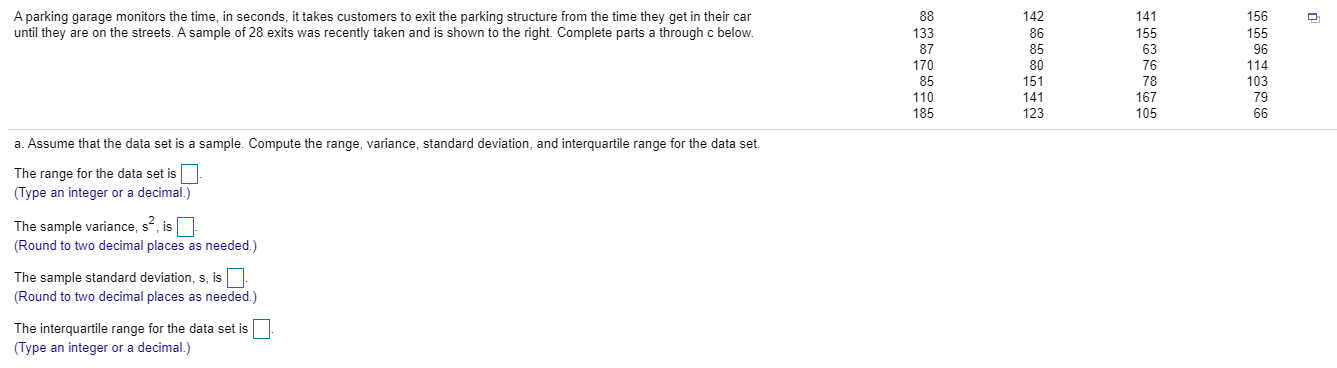 Solved 156 A parking garage monitors the time, in seconds, | Chegg.com