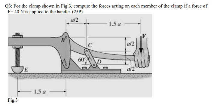 Solved Q3: For the clamp shown in Fig.3, compute the forces | Chegg.com