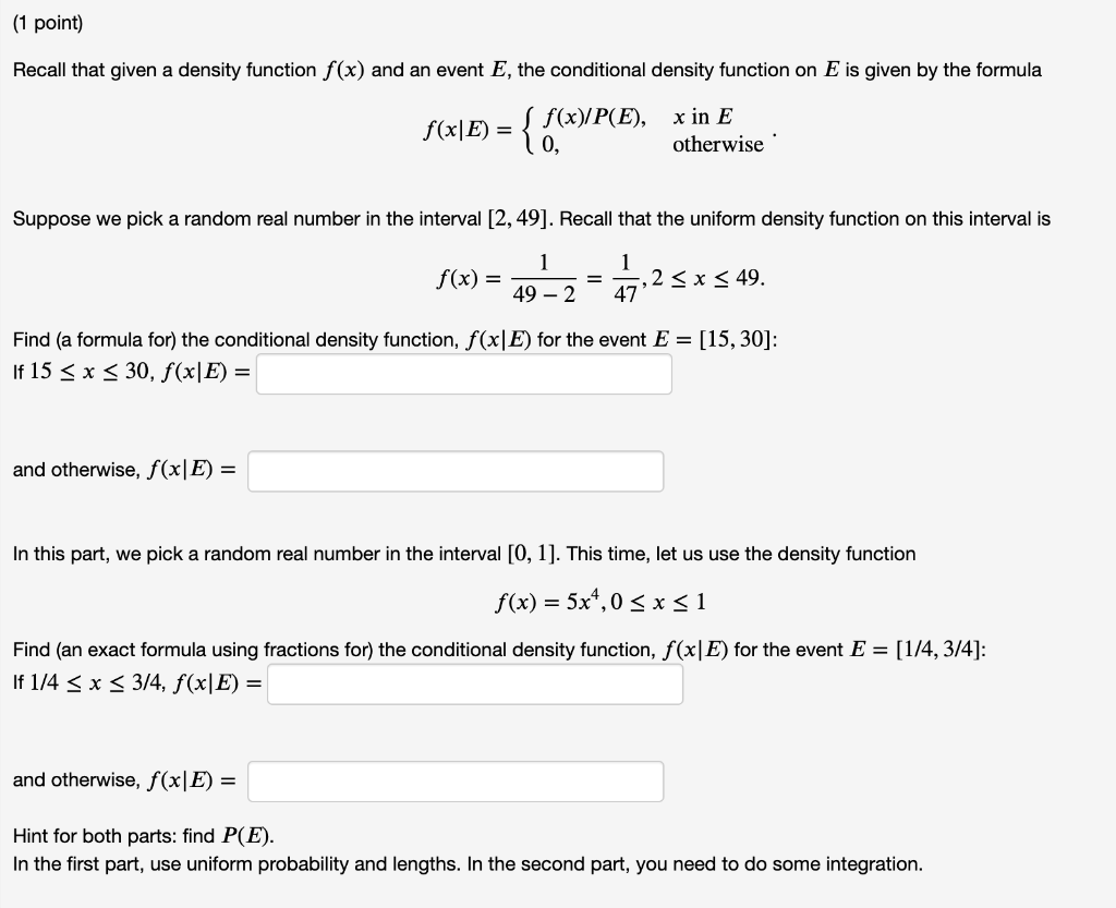 Solved (1 point) Recall that given a density function f(x) | Chegg.com