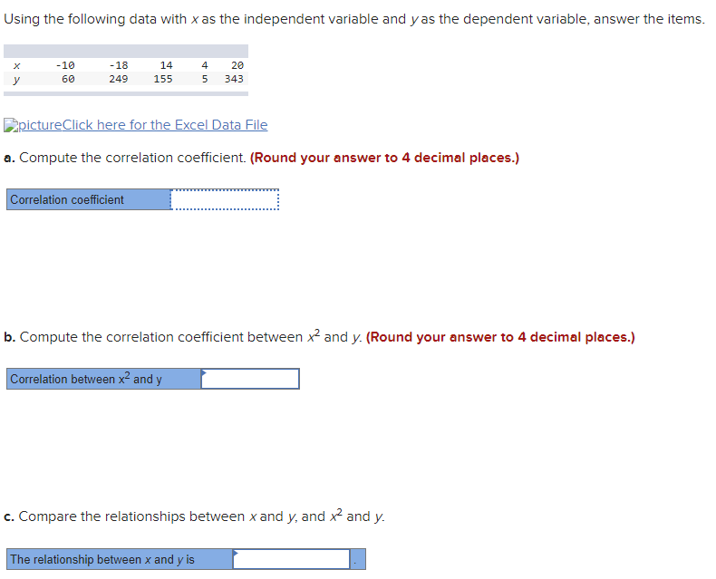 Solved Using the following data with x as the independent | Chegg.com