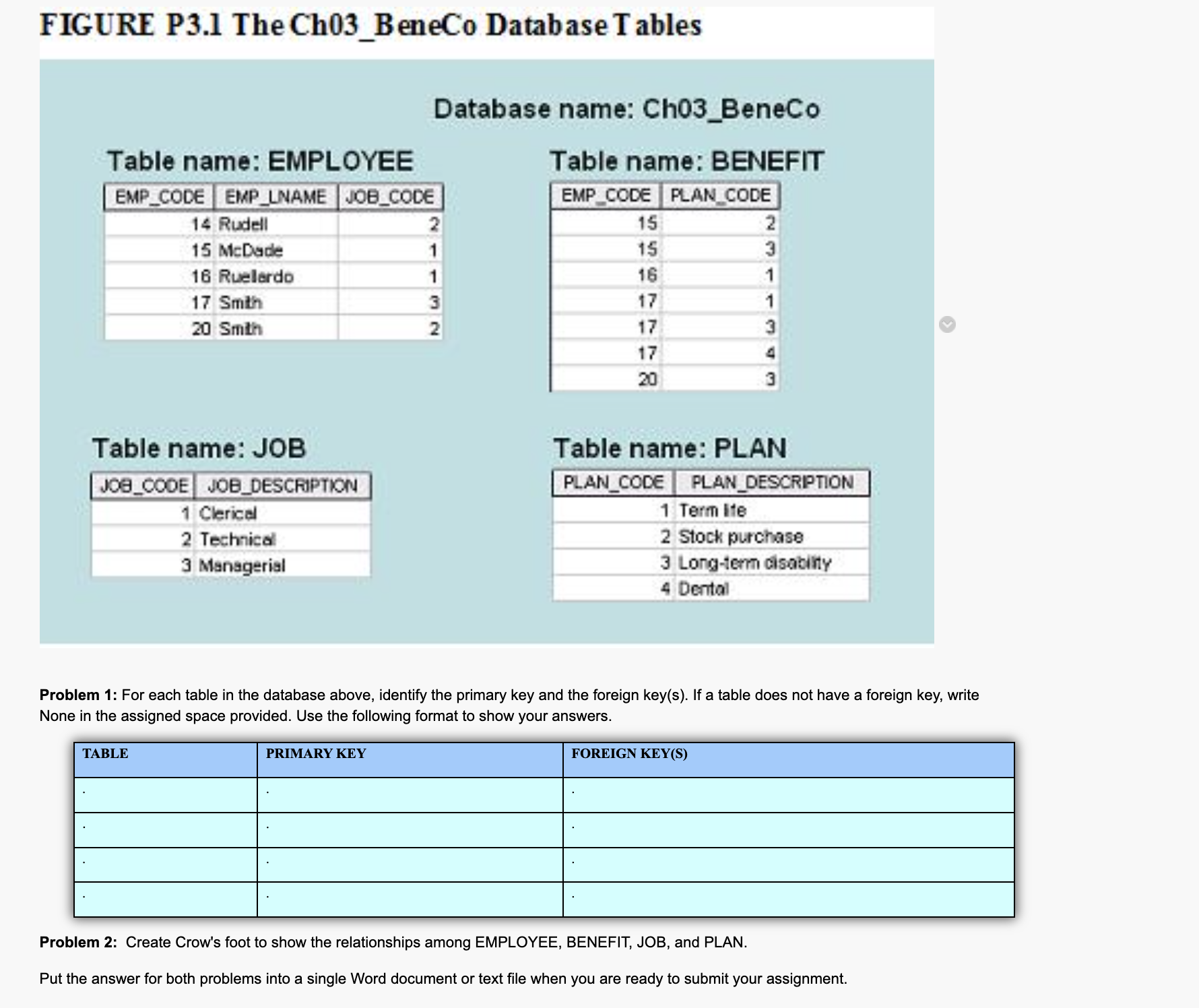 Solved FIGURE P3.1 ﻿TheCh03_BeneCo Database T ﻿ablesDatabase | Chegg.com