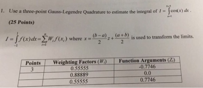 Solved 1. Use a three-point Gauss-Legendre Quadrature to | Chegg.com
