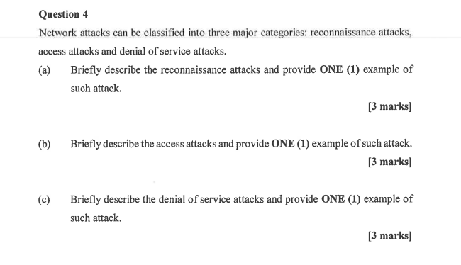 Solved Question 4Network attacks can be classified into | Chegg.com