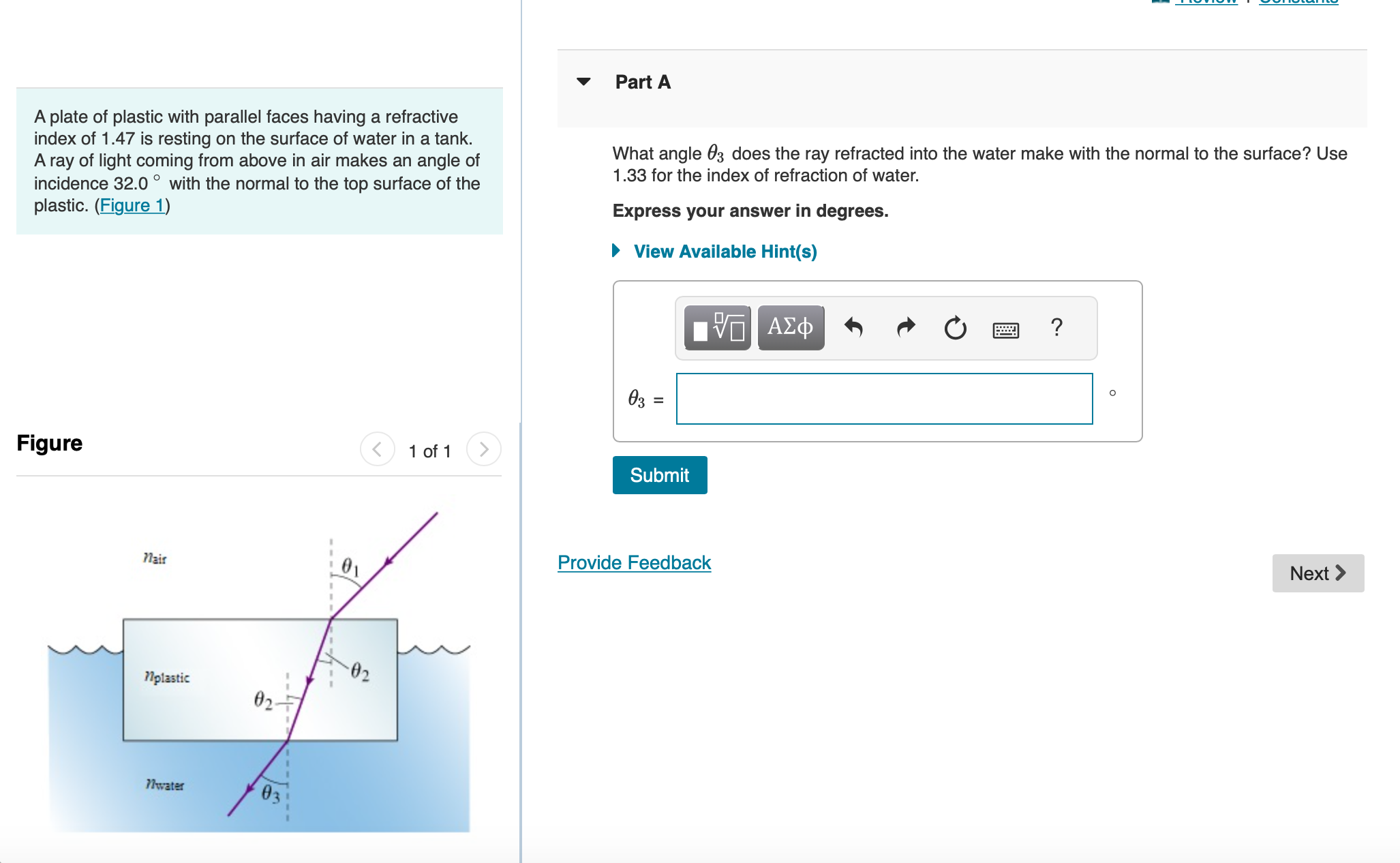 Solved A beam falls on the edge between two media at an | Chegg.com