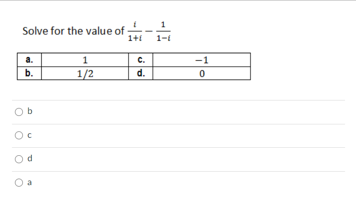 Solved 1 Solve for the value of 1+i 1-i a. b. 1 1/2 C. d. -1 | Chegg.com