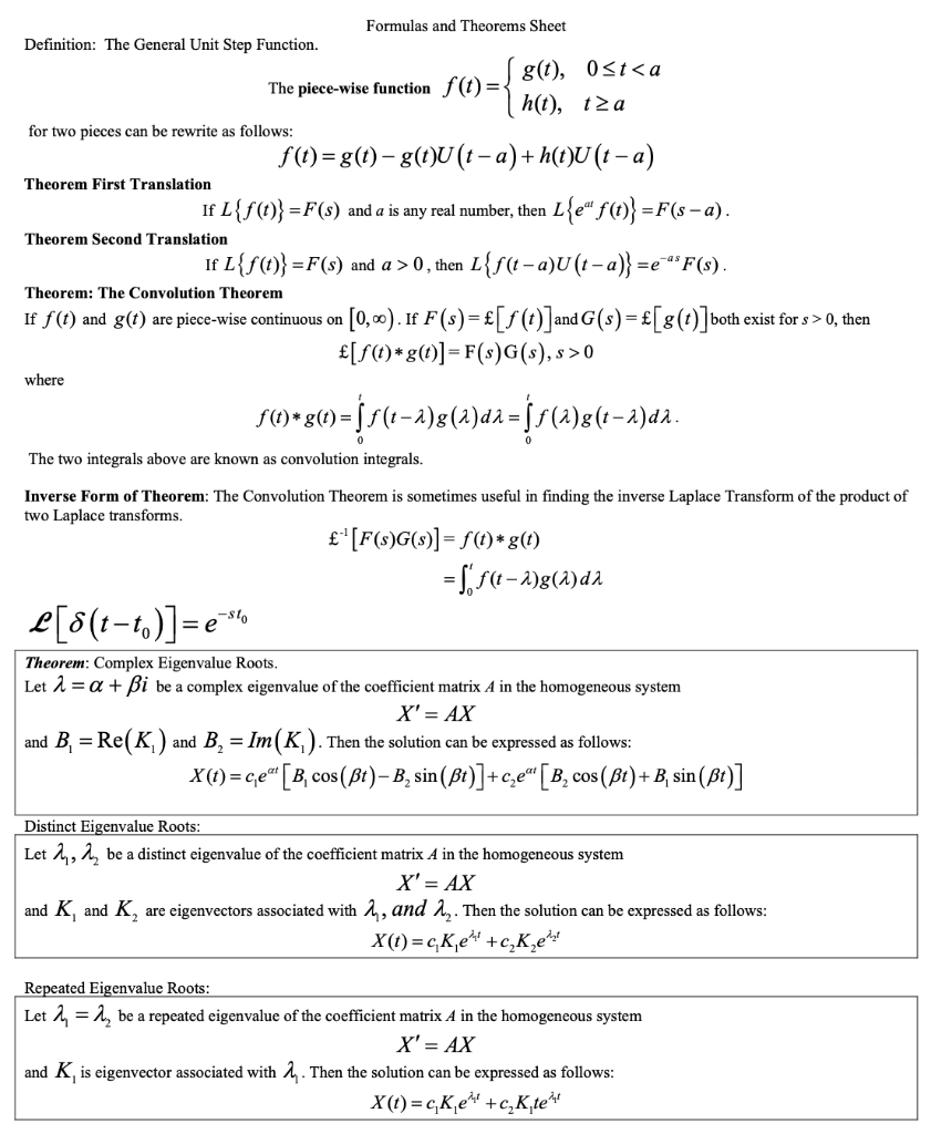 Solved Formulas and Theorems Sheet Definition: The General | Chegg.com