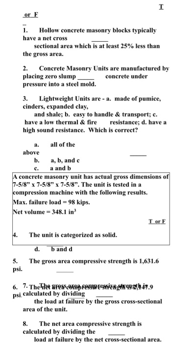 Solved Hollow concrete masonry blocks typically have a net | Chegg.com