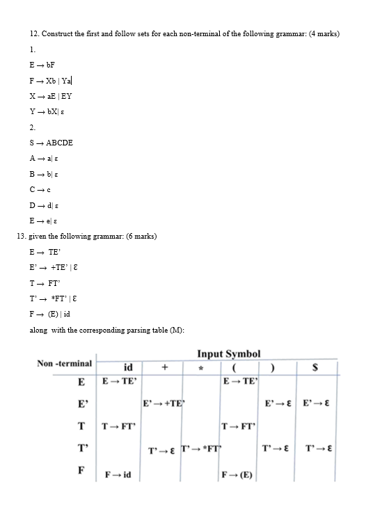 Solved 12 Construct The First And Follow Sets For Each 4532