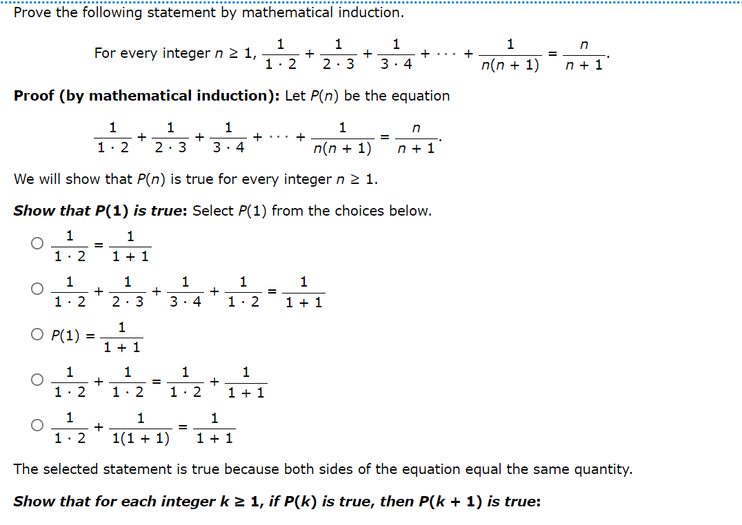 Solved For every integer n≥1,1⋅21+2⋅31+3⋅41+⋯+n(n+1)1=n+1n. | Chegg.com