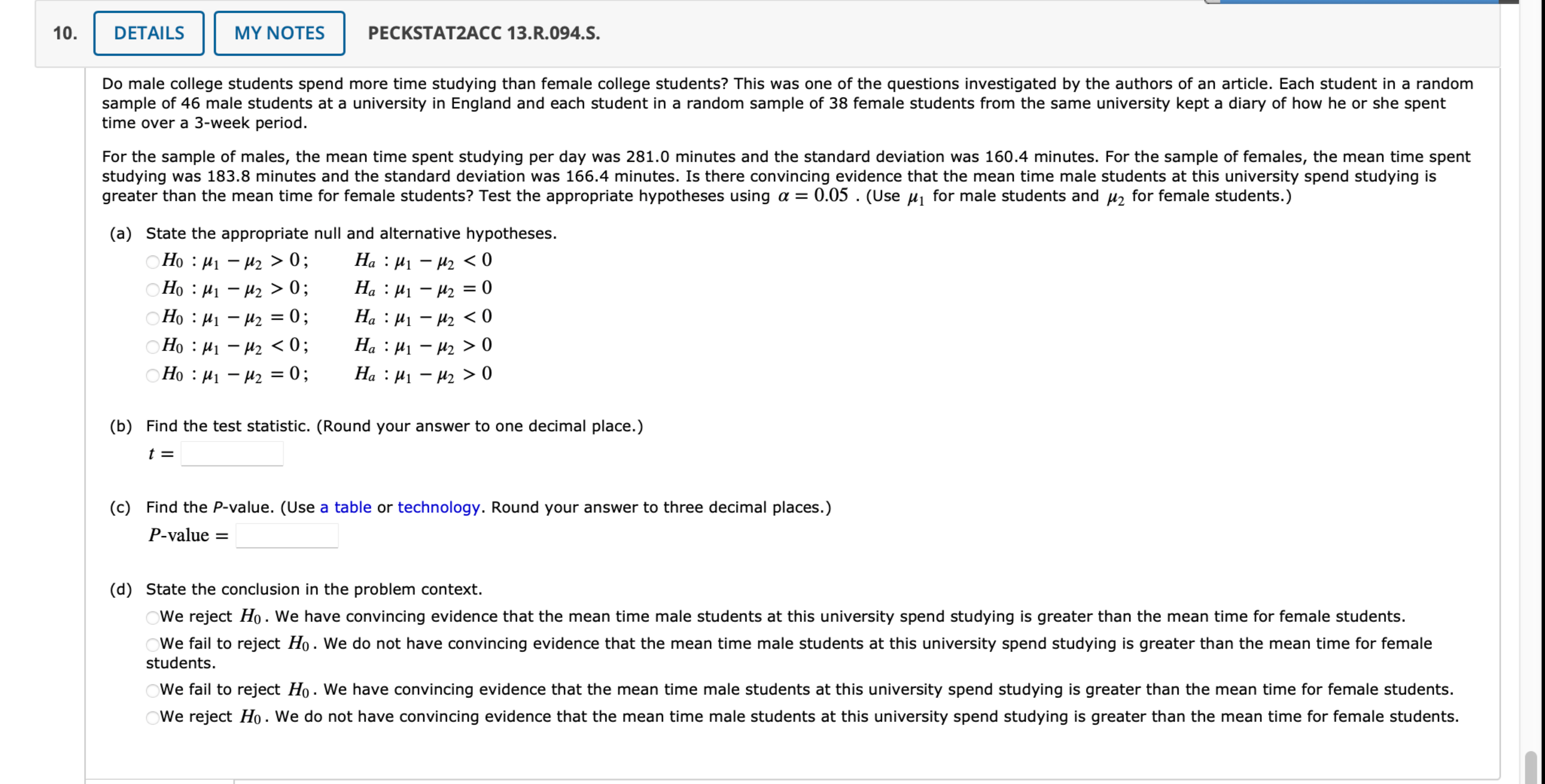 Solved Do male college students spend more time studying | Chegg.com