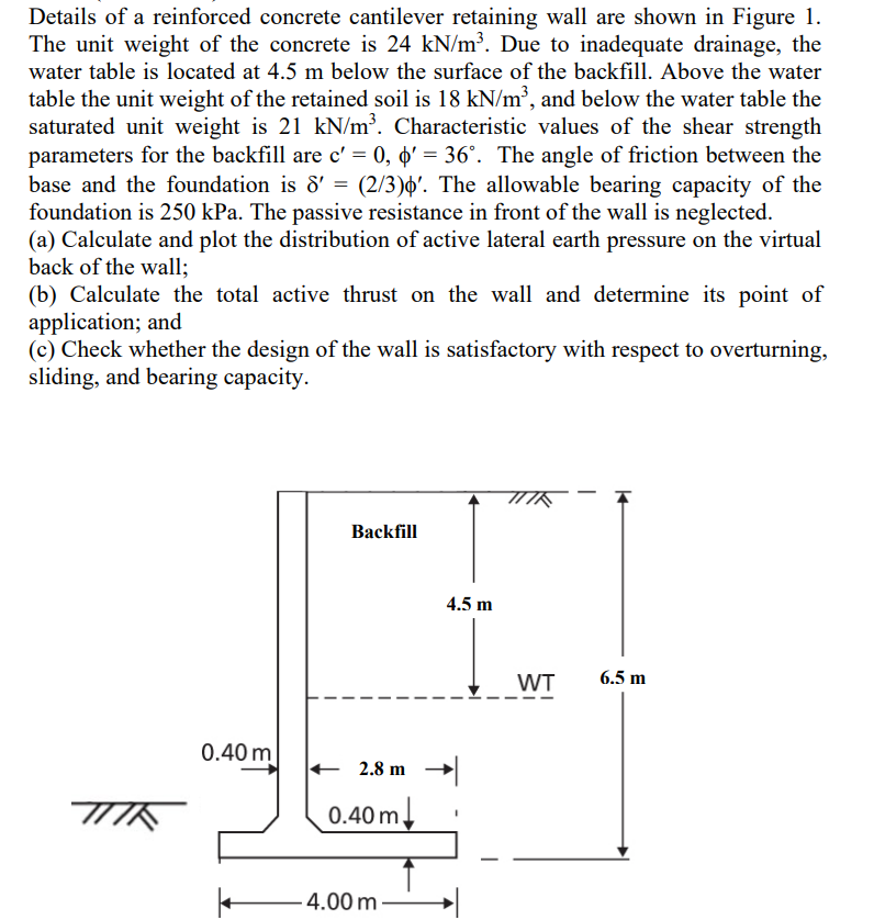 Solved Details of a reinforced concrete cantilever retaining | Chegg.com