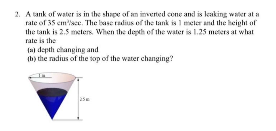 Solved 2. A tank of water is in the shape of an inverted | Chegg.com