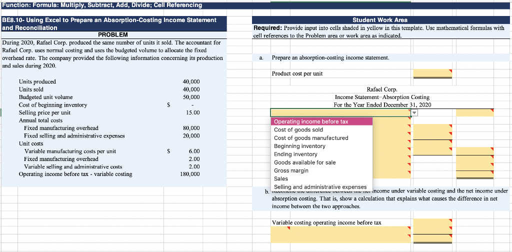 Function: Formula: Multiply, Subtract, Add, Divide; | Chegg.com