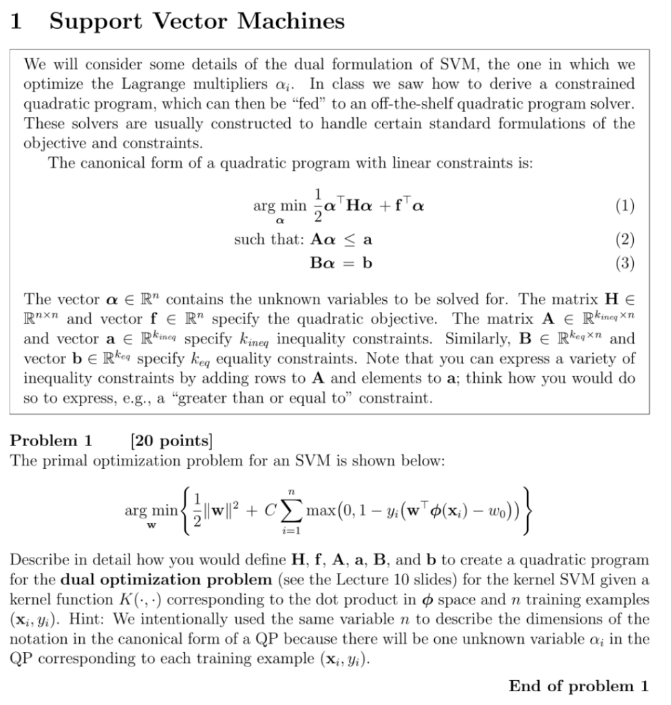 1 Support Vector Machines We will consider some | Chegg.com