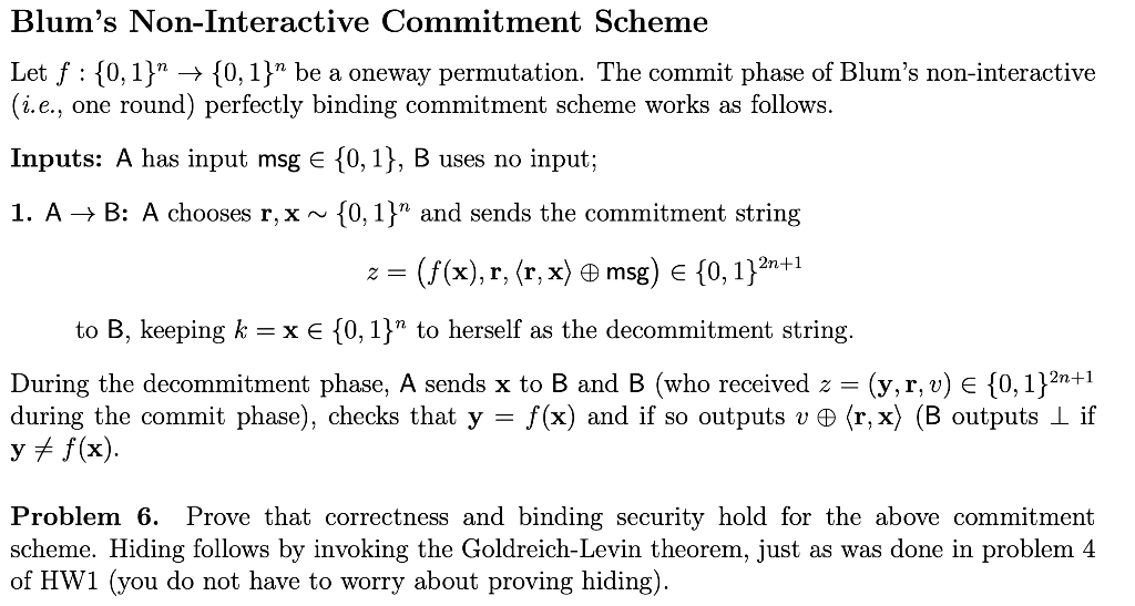 Blum's Non-Interactive Commitment Scheme Let | Chegg.com