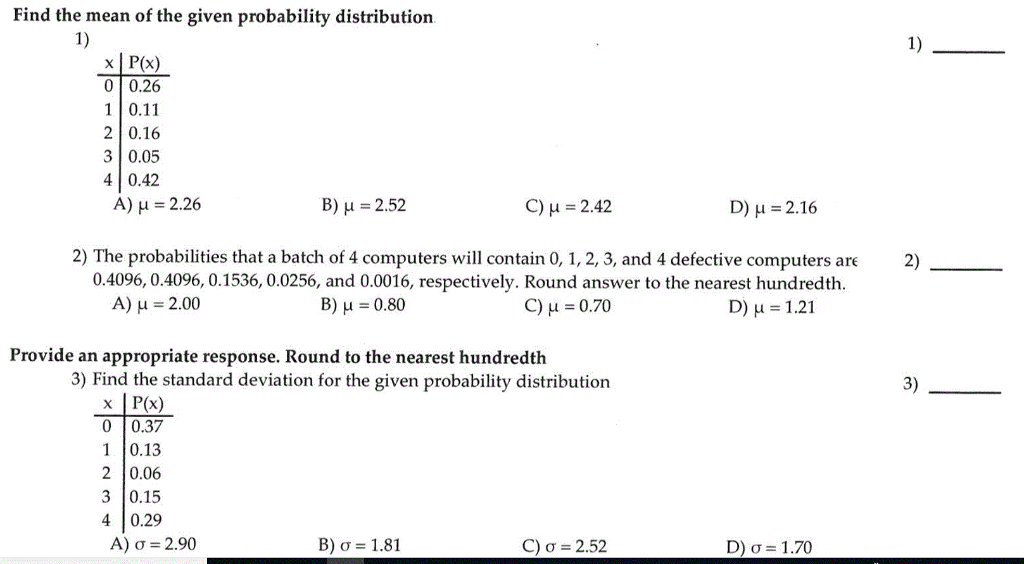 Solved Find the mean of the given probability distribution | Chegg.com
