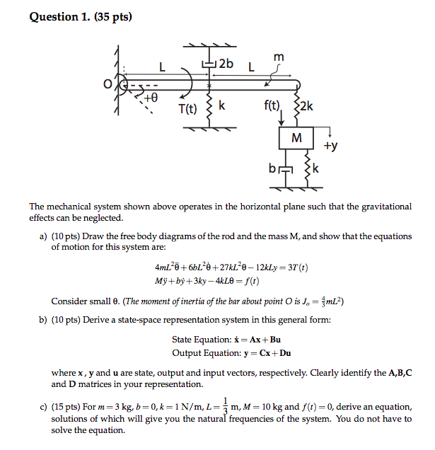 Solved Question 1. (35 pts) m L 2b L +0 T(t) k f(t), 2k M +y | Chegg.com