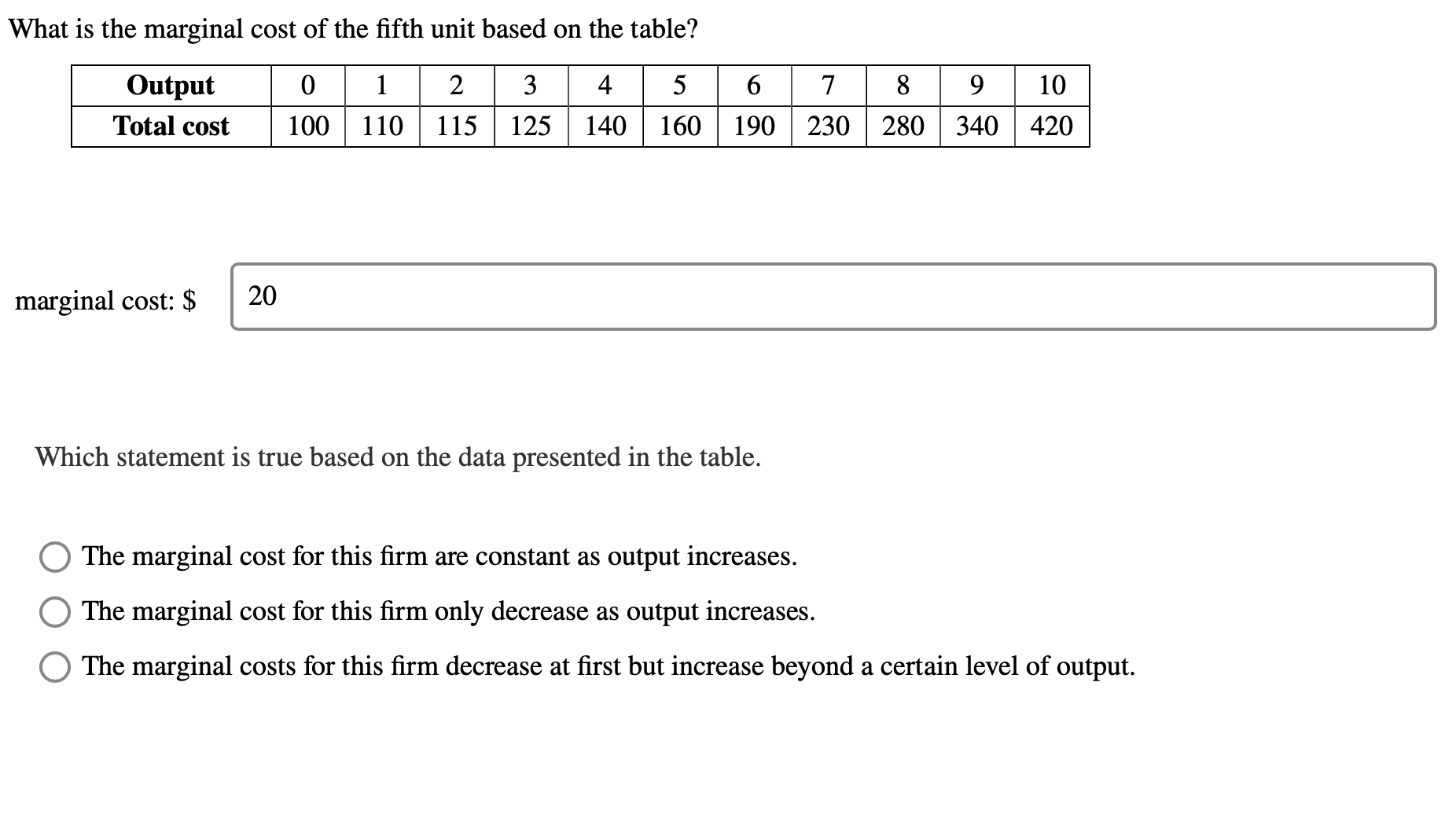 Solved What is the marginal cost of the fifth unit based on | Chegg.com
