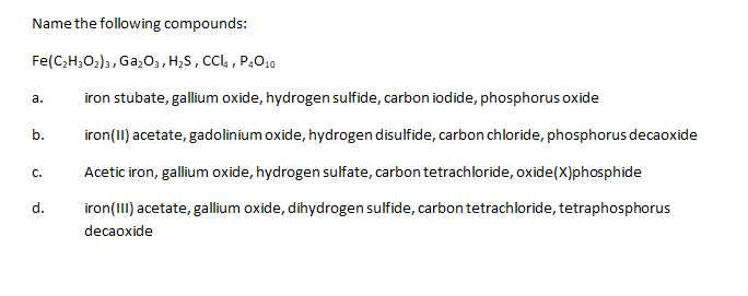 Solved Name the following compounds: Fe(C2H2O2), Ga,03, H2S, | Chegg.com