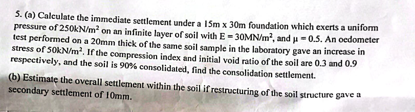 Solved 5. (a) Calculate the immediate settlement under a 15 | Chegg.com