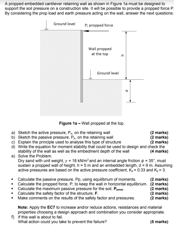 Solved A propped embedded cantilever retaining wall as shown | Chegg.com