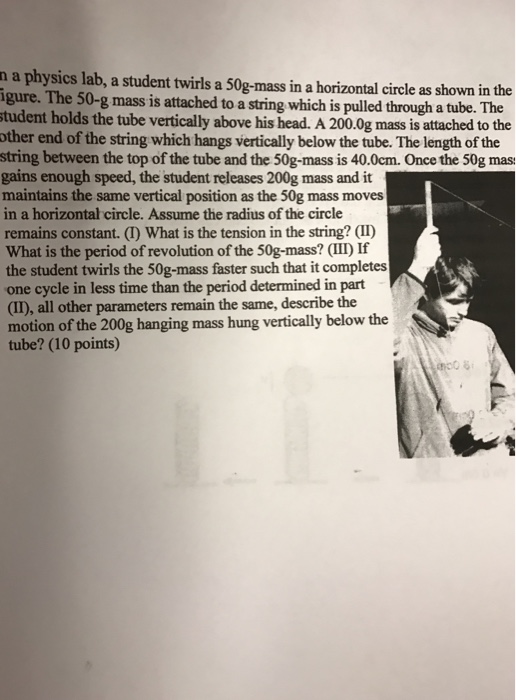 Solved In a physics lab, a student twirls a 50g-mass in a | Chegg.com
