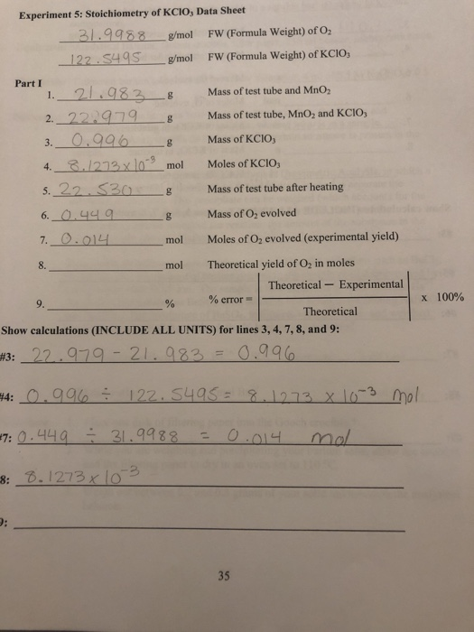 Solved Experiment 5: Stoichiometry of KCIO, Data Sheet | Chegg.com