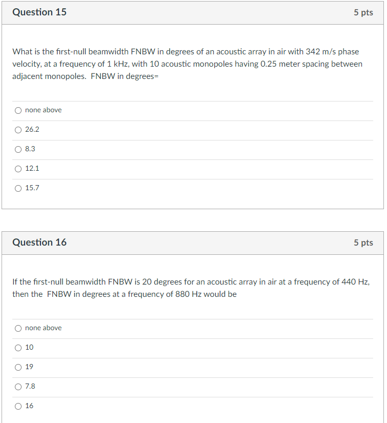 Solved Question 15 5 pts What is the first-null beamwidth | Chegg.com