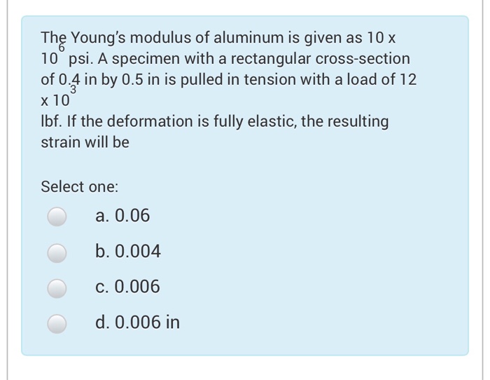 Solved The Young's modulus of aluminum is given as 10 x 10 | Chegg.com