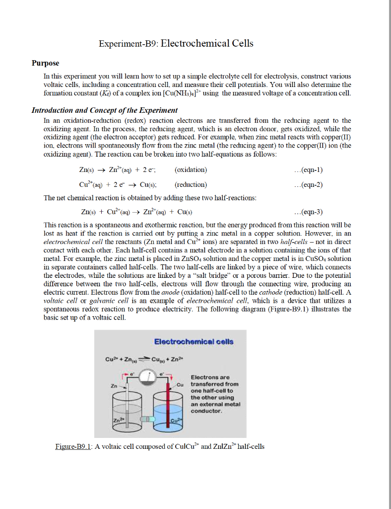 Experiment-B9: Electrochemical Cells Purpose In this | Chegg.com
