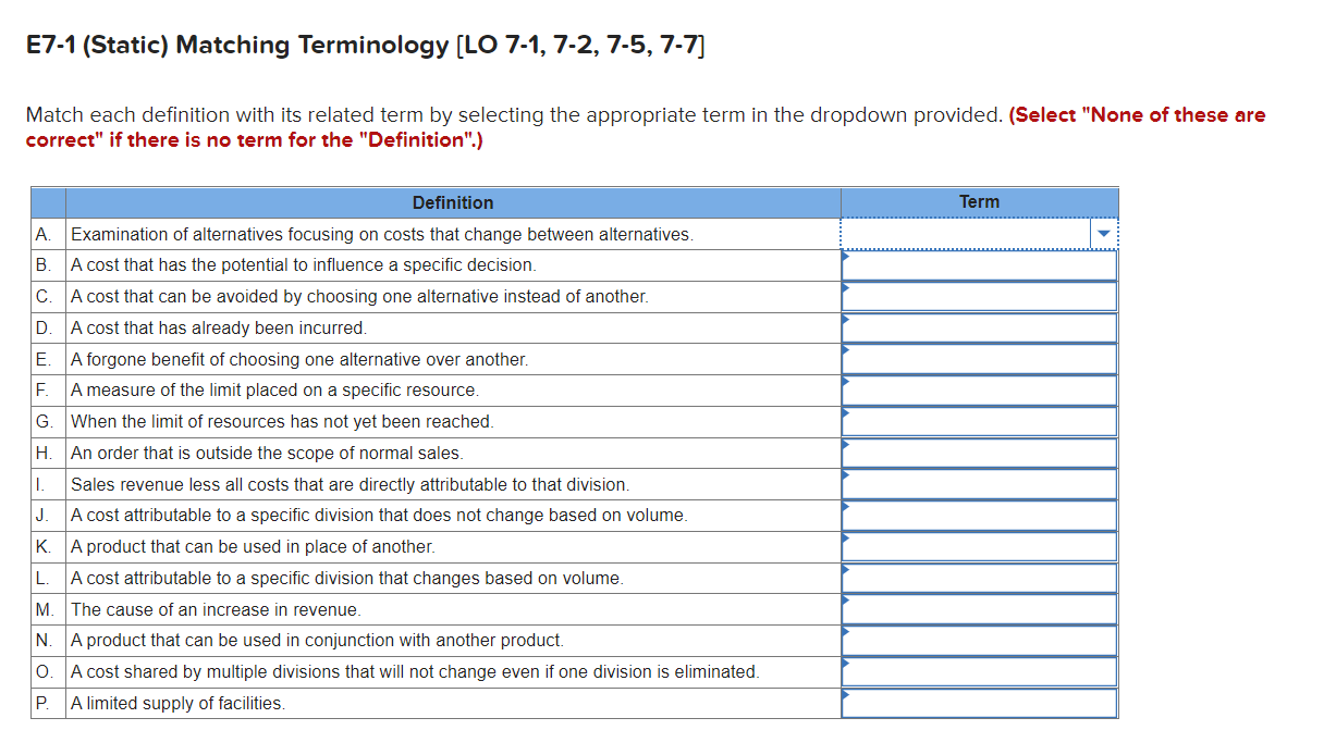 Solved E7-1 (Static) Matching Terminology (LO 7-1, 7-2, 7-5, | Chegg.com