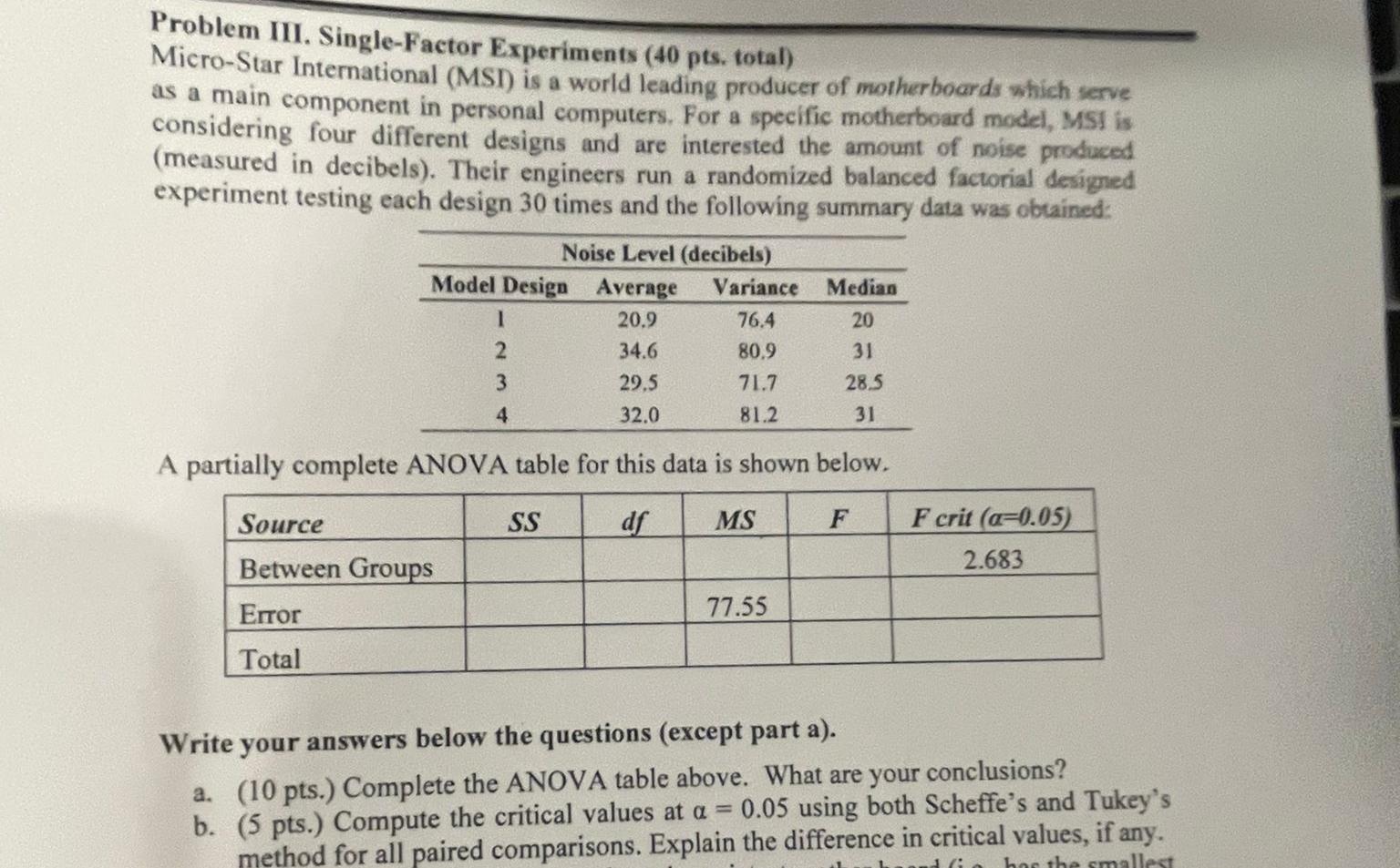 Solved Problem III. Single-Factor Experiments (40 pts. | Chegg.com