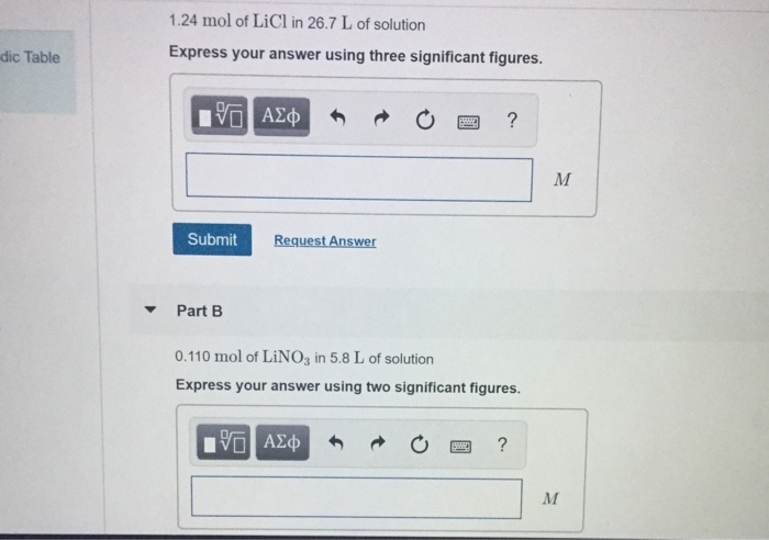 Solved 1.24 mol of LiCI in 26.7 L of solution Express your | Chegg.com