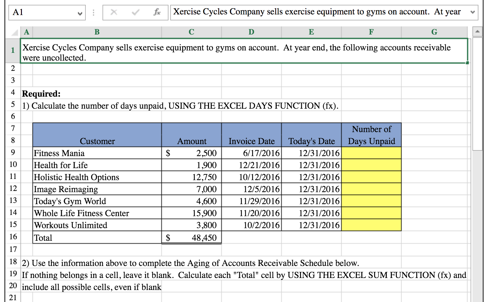 Solved Aging of Accounts Receivable Method using Excel's SUM | Chegg.com
