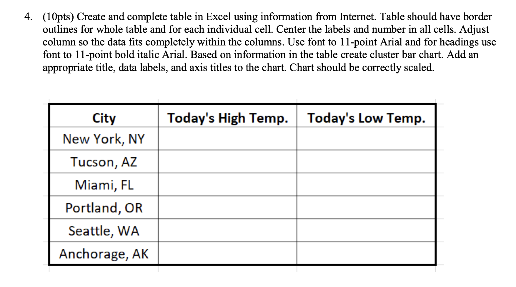 Solved 4. (10pts) Create and complete table in Excel using | Chegg.com
