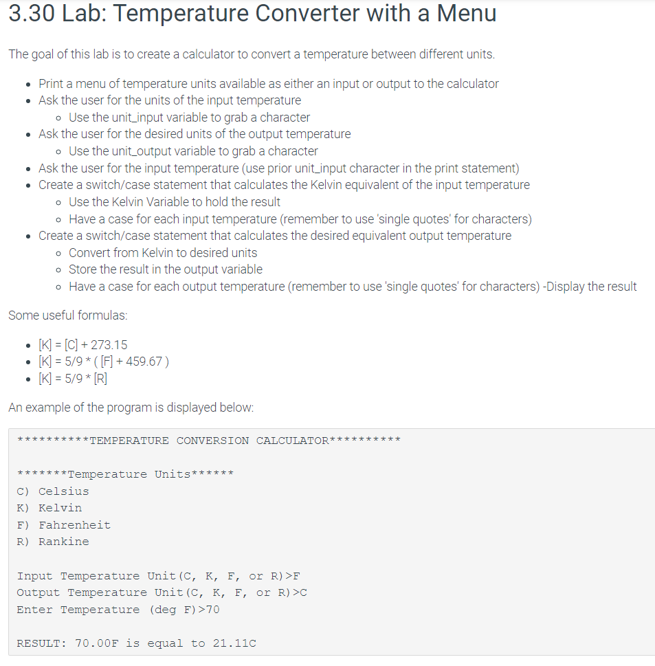 3.30 Lab: Temperature Converter with a Menu The goal | Chegg.com