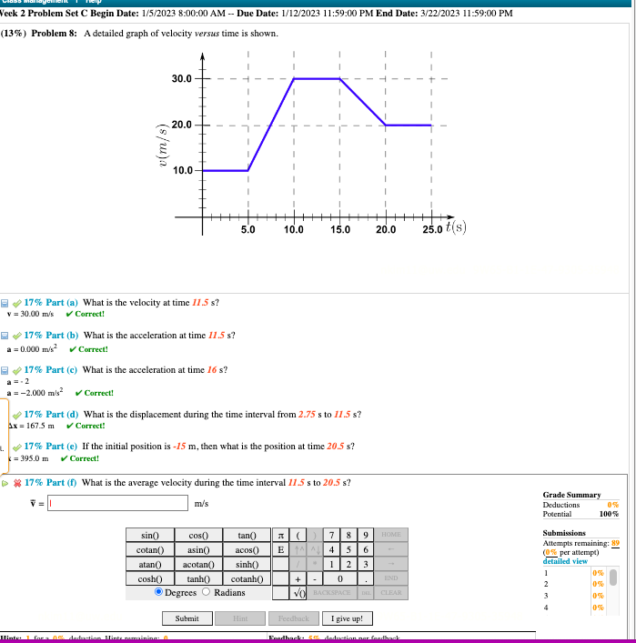 Solved (13\%) Problem 8: A detailed graph of velocity versus | Chegg.com
