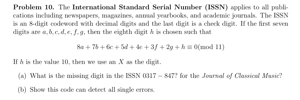 Solved Problem 10. The International Standard Serial Number | Chegg.com