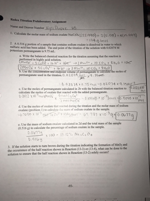 Solved Redox Titration Prelaboratory Assignment Name and | Chegg.com