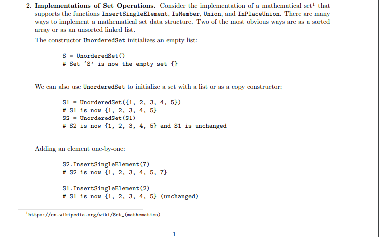 Solved 2. Implementations of Set Operations. Consider the | Chegg.com
