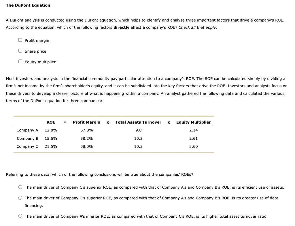Solved The DuPont Equation A DuPont analysis is conducted | Chegg.com