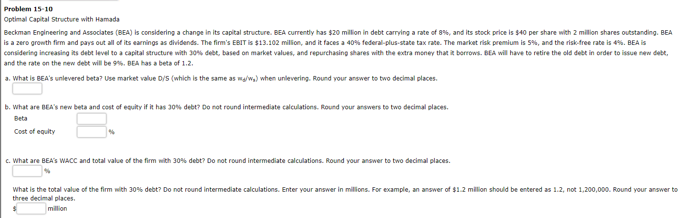 Solved Problem 15-10 Optimal Capital Structure with Hamada | Chegg.com