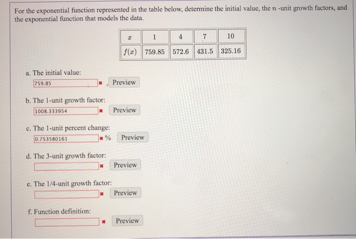 Solved For the exponential function represented in the table | Chegg.com