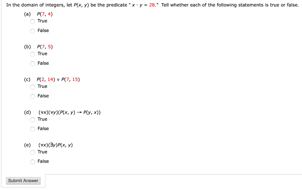 Solved In the domain of integers, let P(x, y) be the | Chegg.com